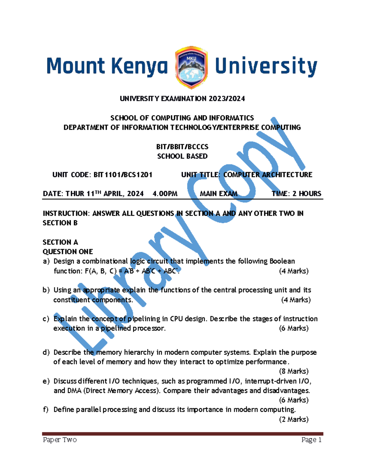 COMP 101: COMPUTER ARCHITECTURE FINAL EXAM QUESTIONS & GUIDELINES - Studocu