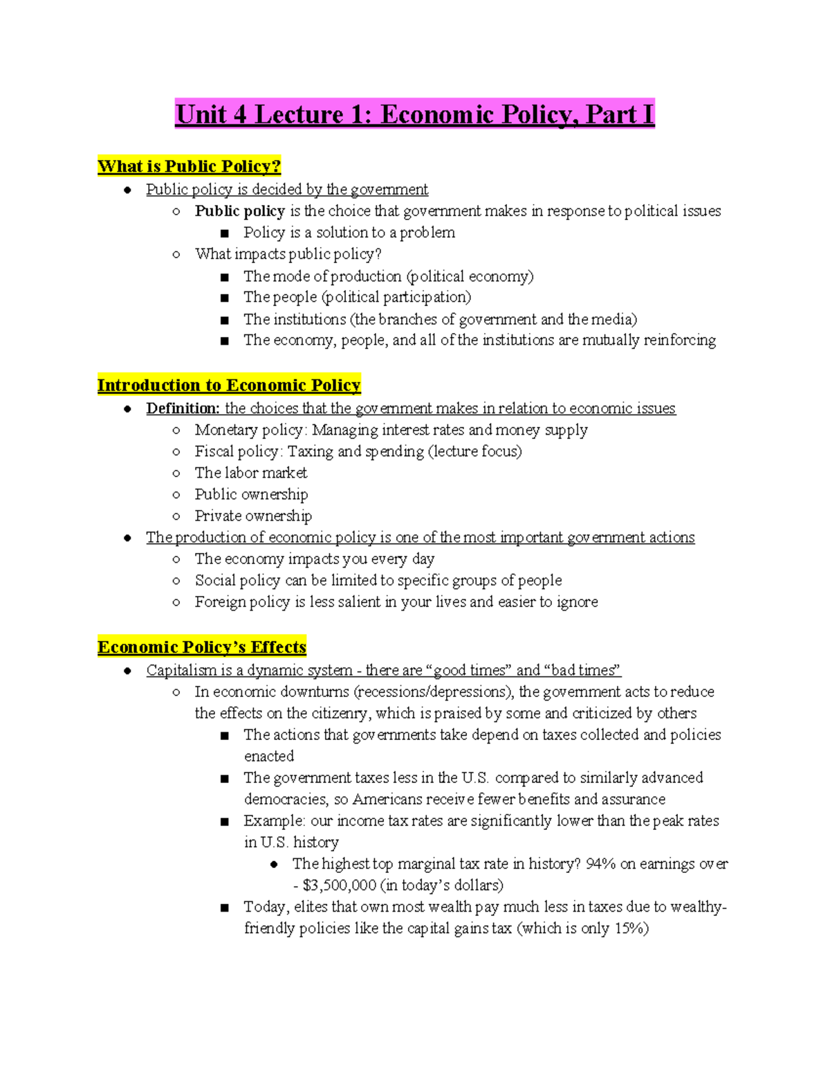 Unit 4 Lecture 1: Economic Policy, Part I - Public Policy Insights ...