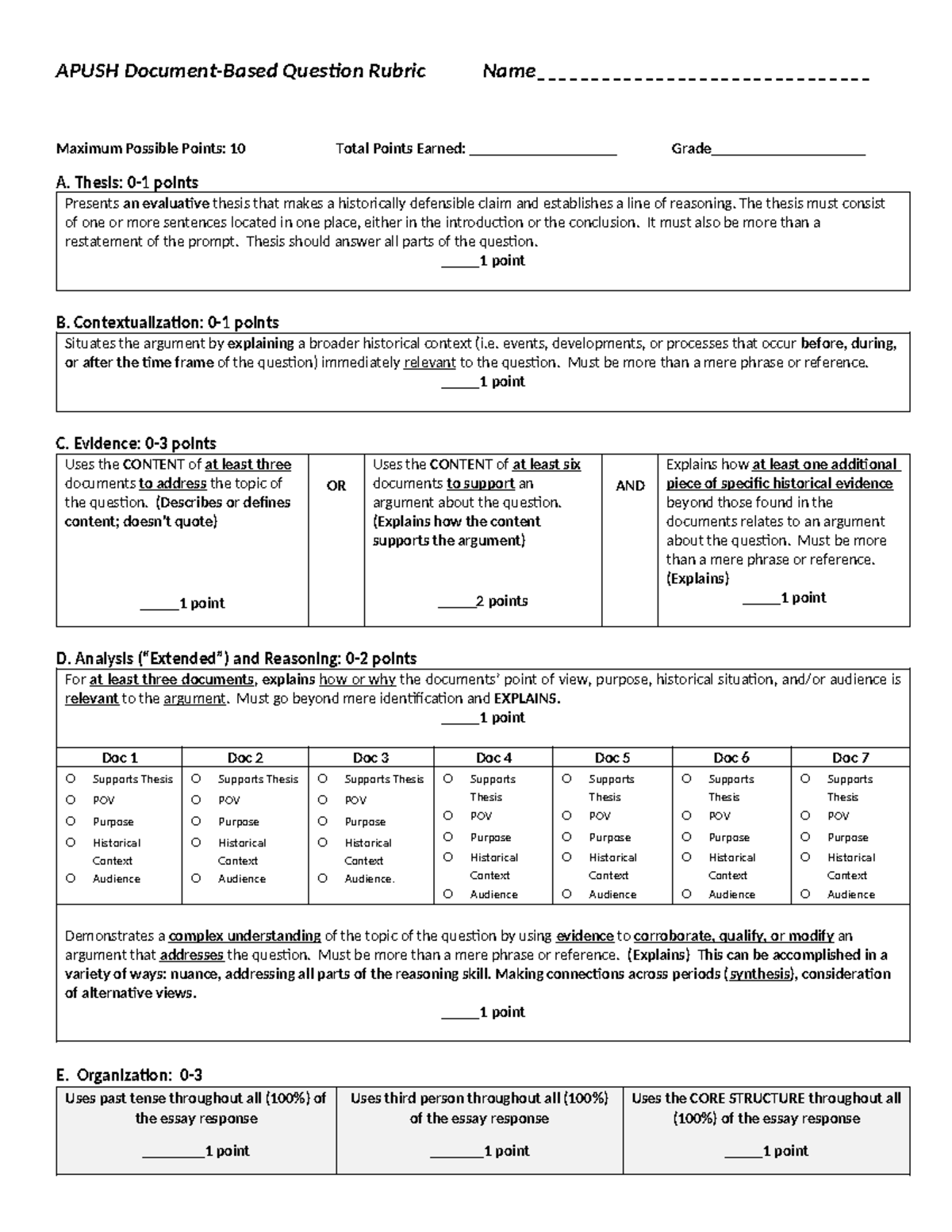 APUSH DBQ Rubric 2018-2019 Evaluation Guide - Studocu