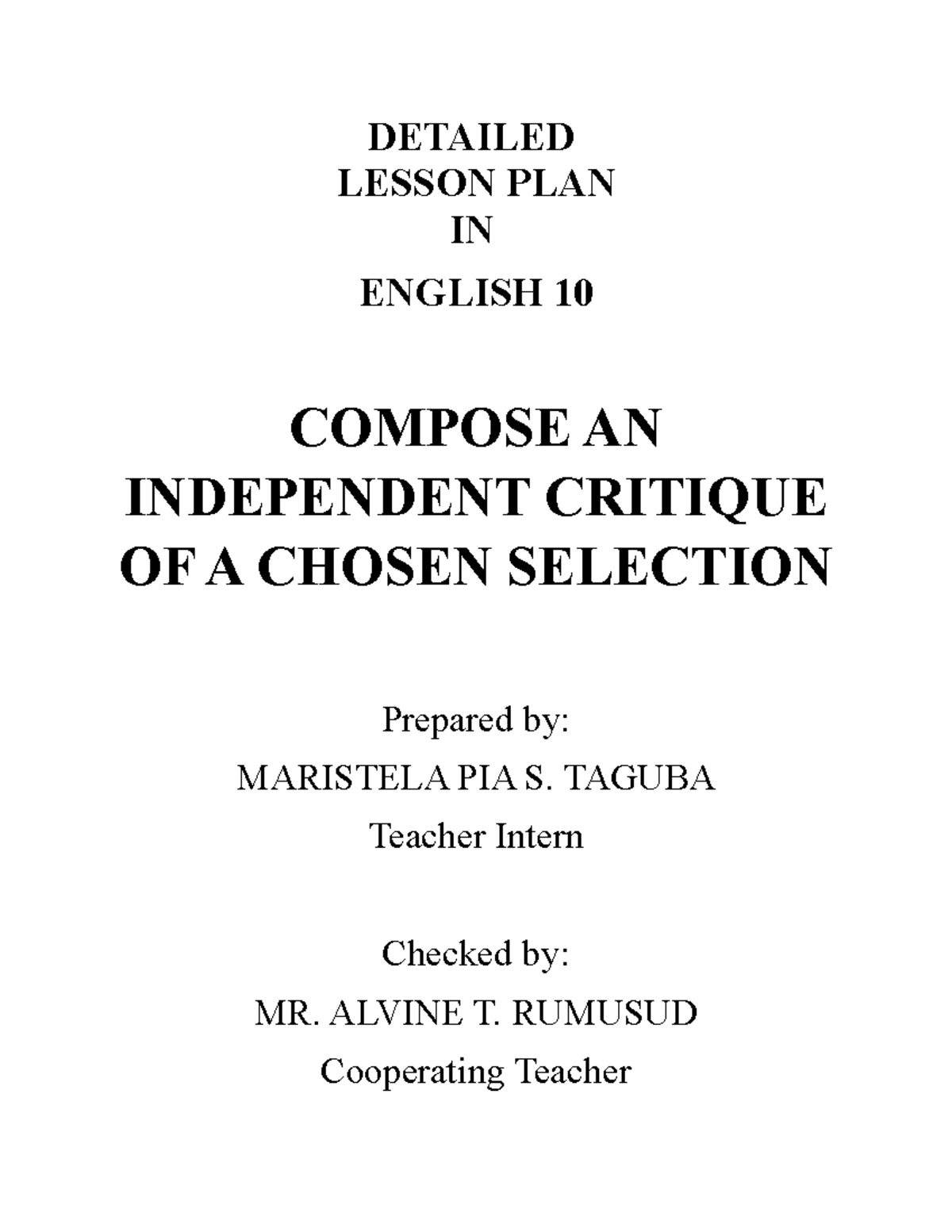Lesson Plan 6: Critique Writing in English 10 - Studocu