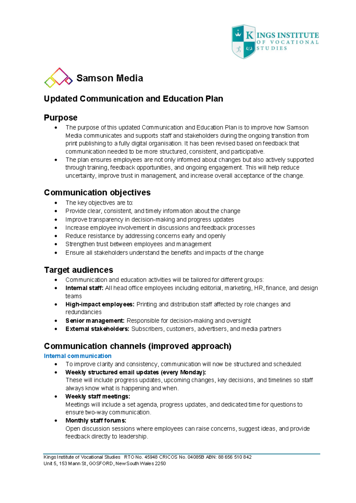 BSBLDR 811 Updated Communication & Education Strategy - Studocu