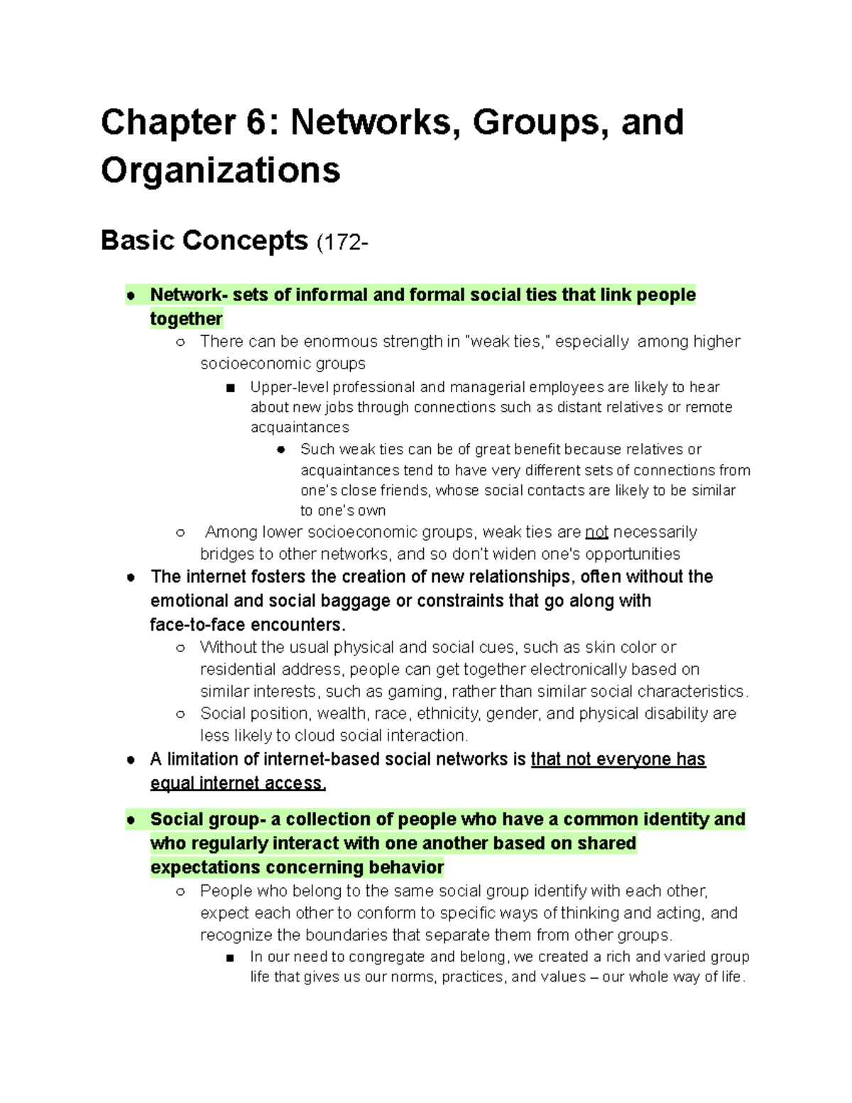 Sociology - Chapter 6 Networks, Groups, and Organizations - Chapter 6 ...