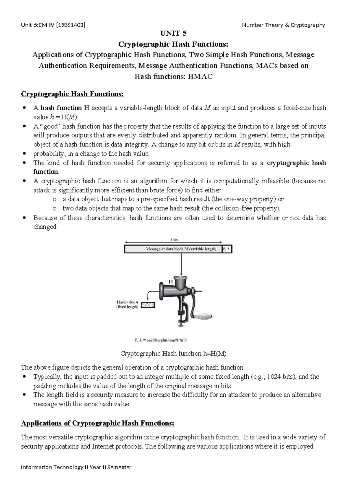 Number Theory Cryptography UNIT 5: Cryptographic Hash Functions ...