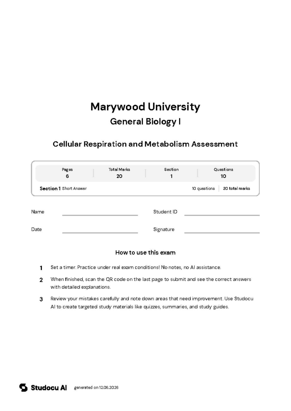General Biology I: Cellular Respiration Quiz - Studocu