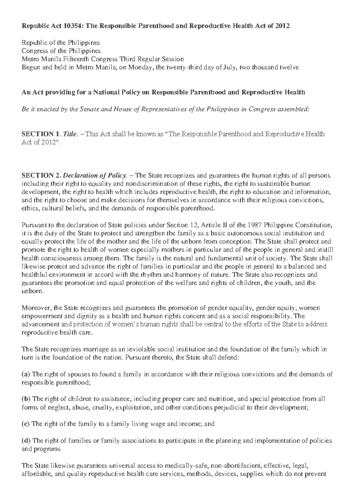 Responsible Parenthood and Reproductive Health Law (RA 10354) - Studocu