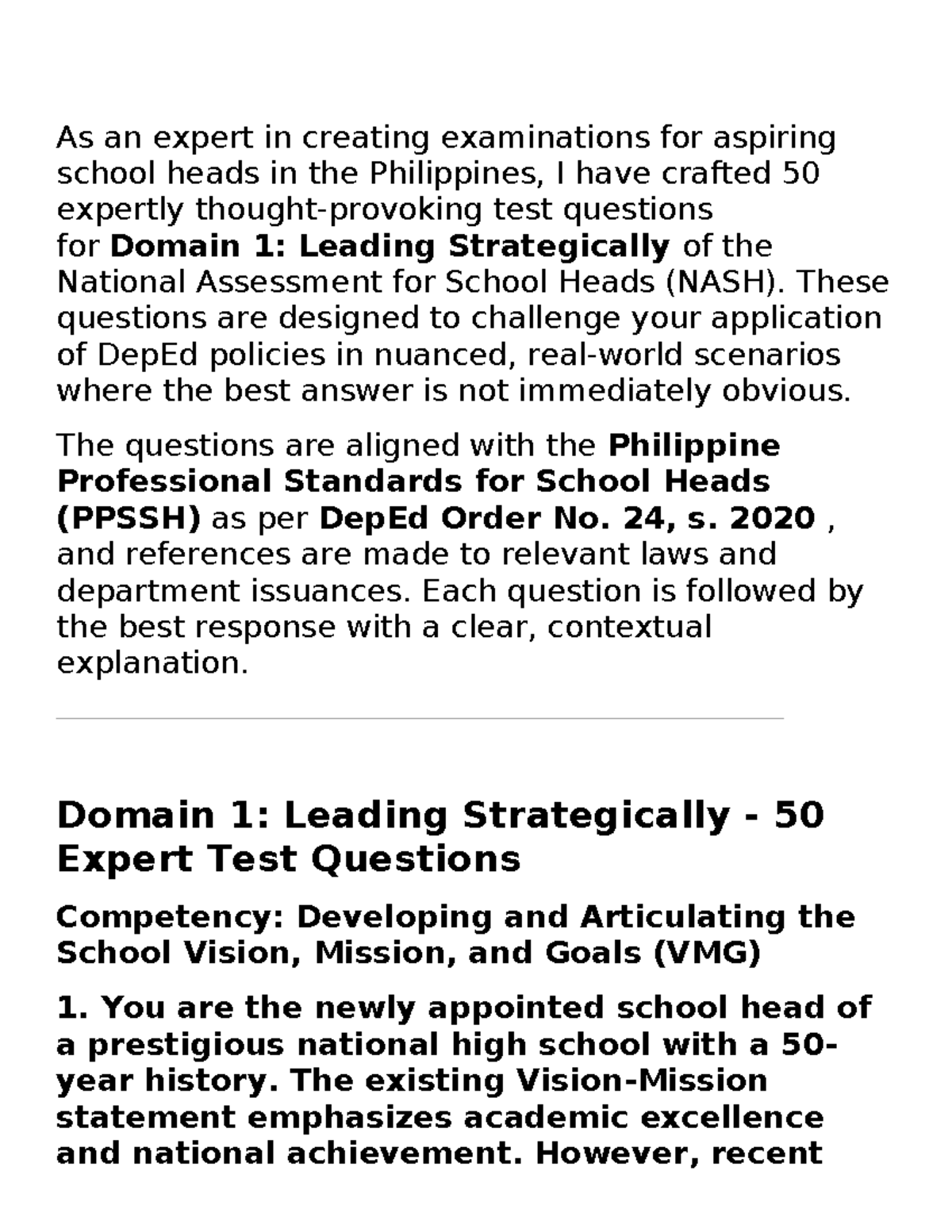 Domain 1f: Leading Strategically - 50 Expert Test Questions for NASH ...