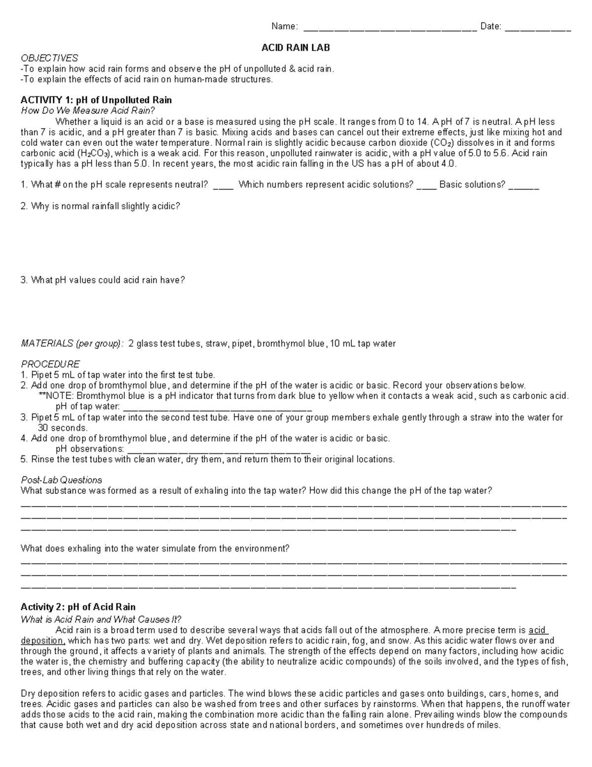 Acid Rain Lab-1 - Notes - Name: __________________________________ Date ...