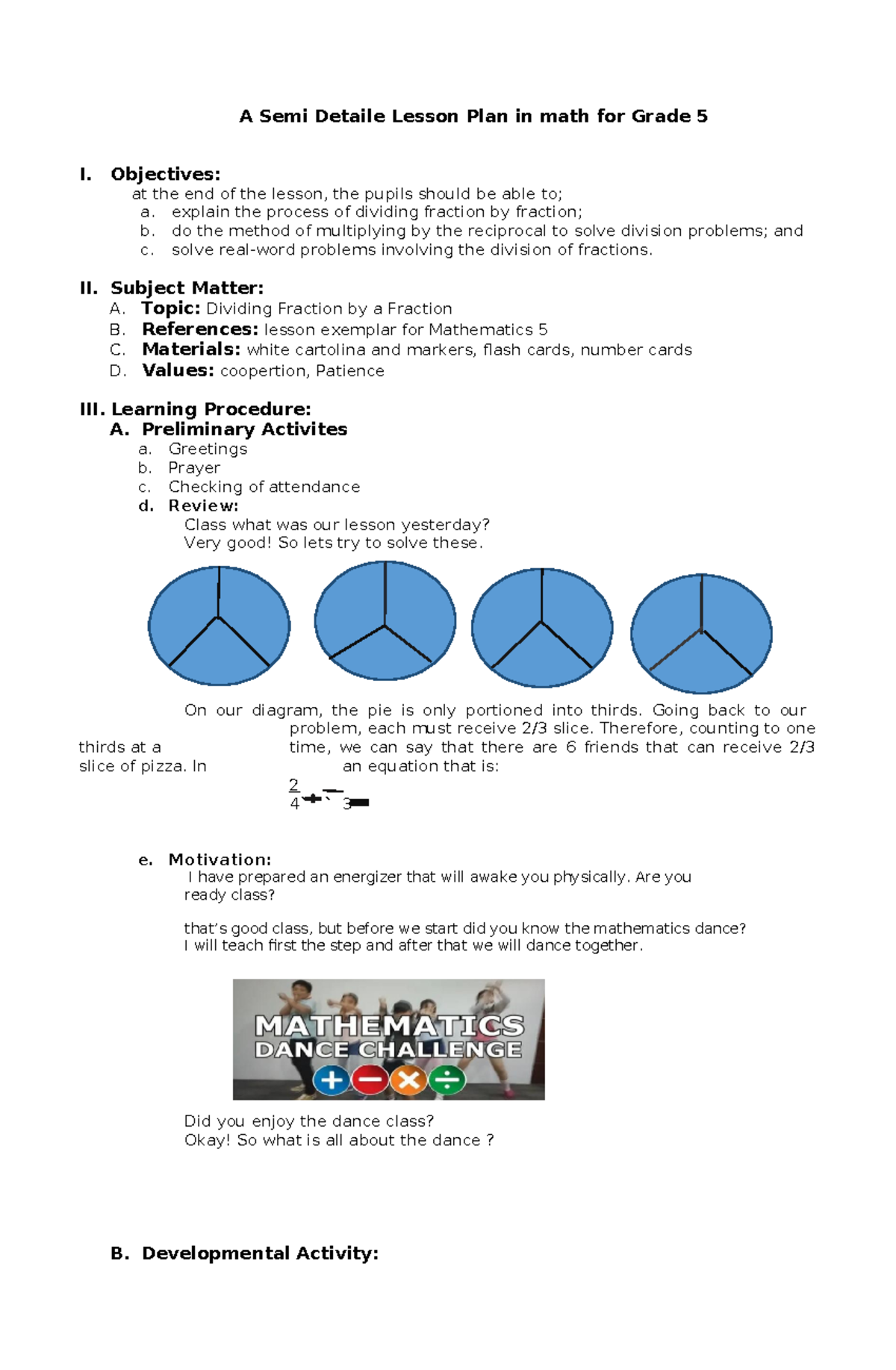 SEMI-LP MATH 5: Dividing Fractions Lesson Plan - Studocu
