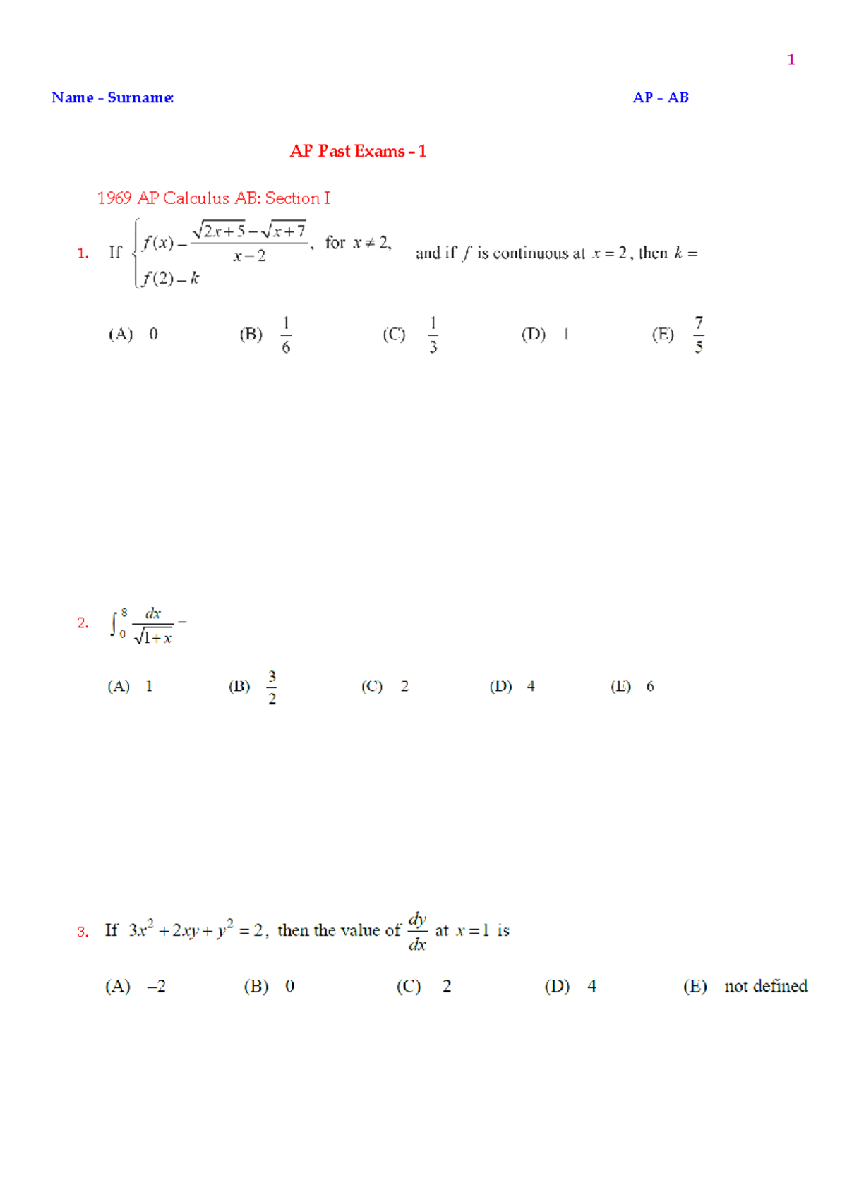 AP Calculus AB: Past Exam MCQ Practice Test - Studocu