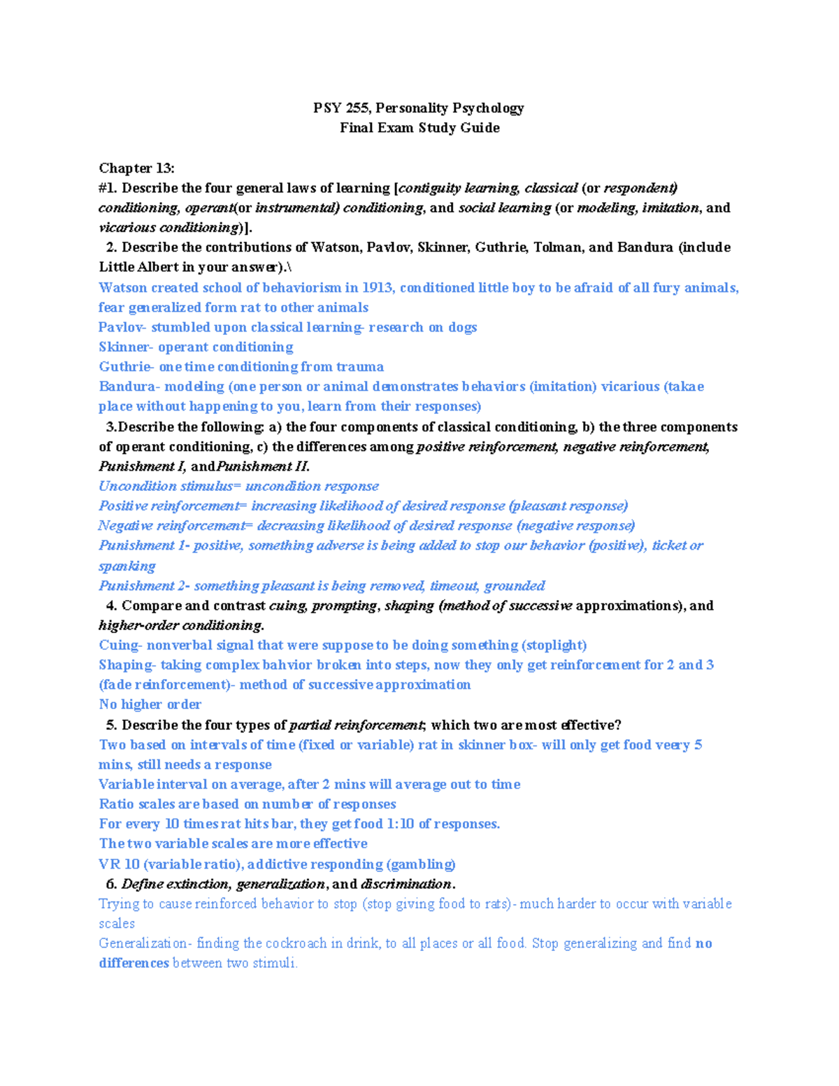 Final - lecture notes for study guide - PSY 255, Personality Psychology ...