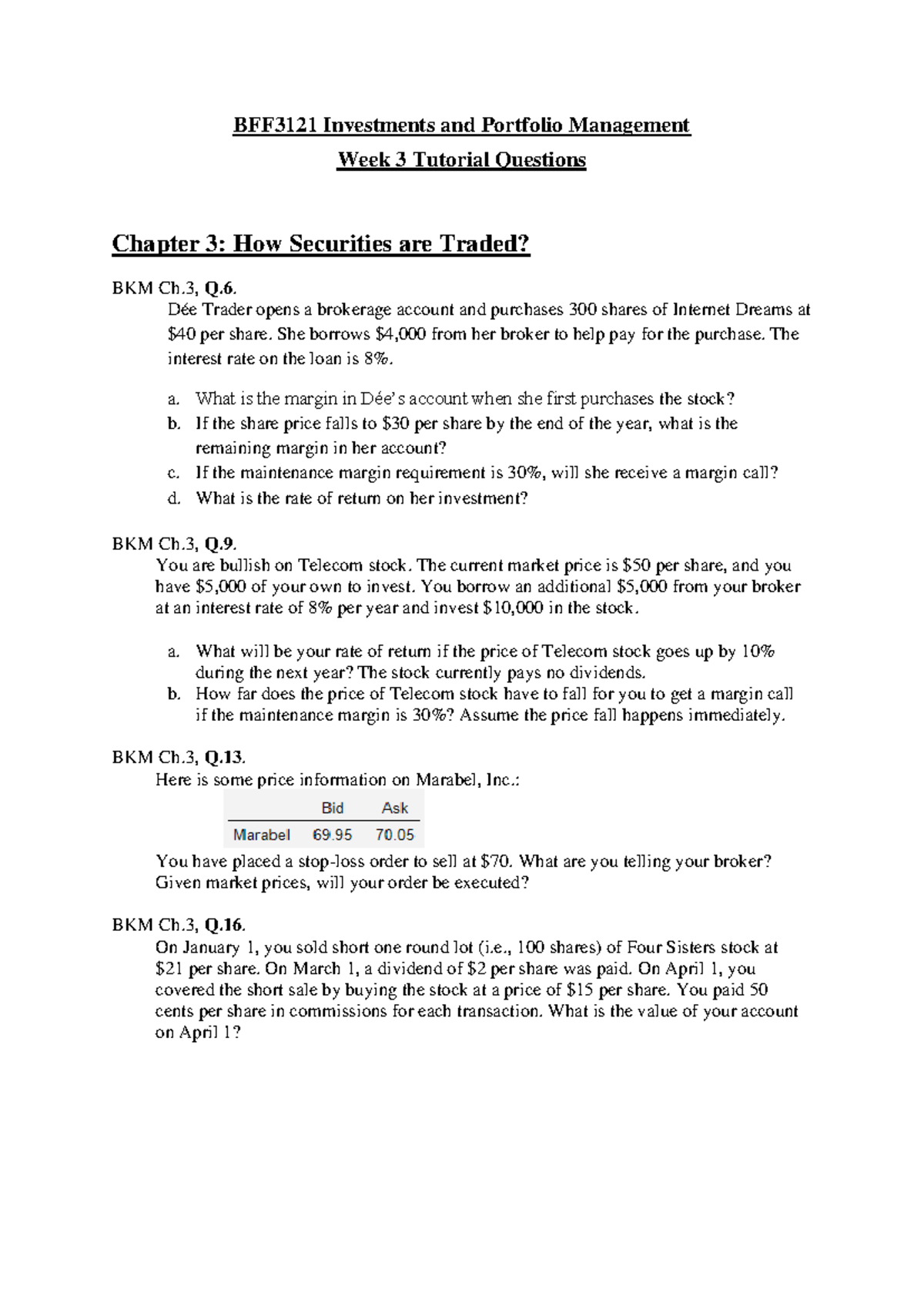 Week 03 Tutorial Questions - BFF3121 Investments and Portfolio ...