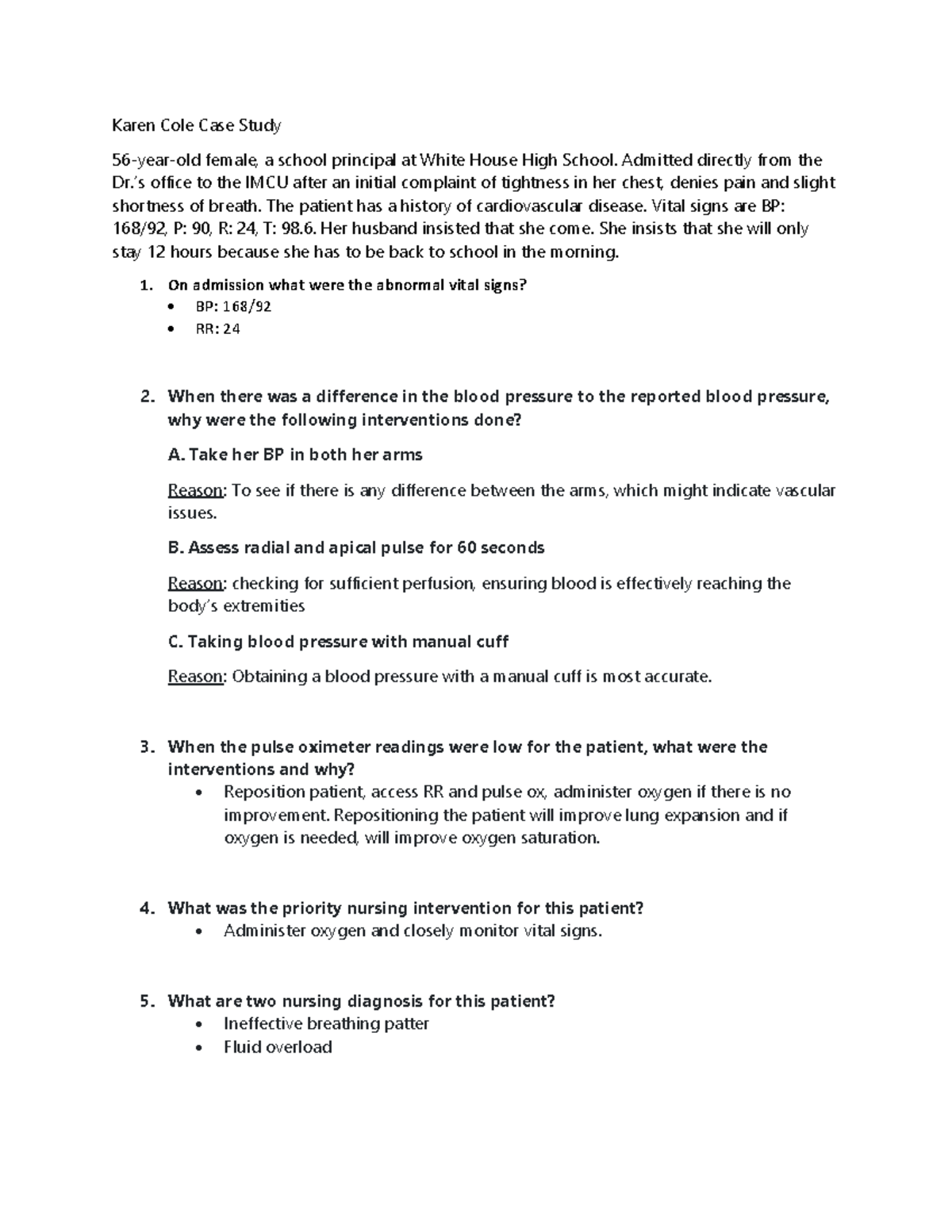 NURS 171 Case Study: Karen Cole - Cardiovascular Concerns ...