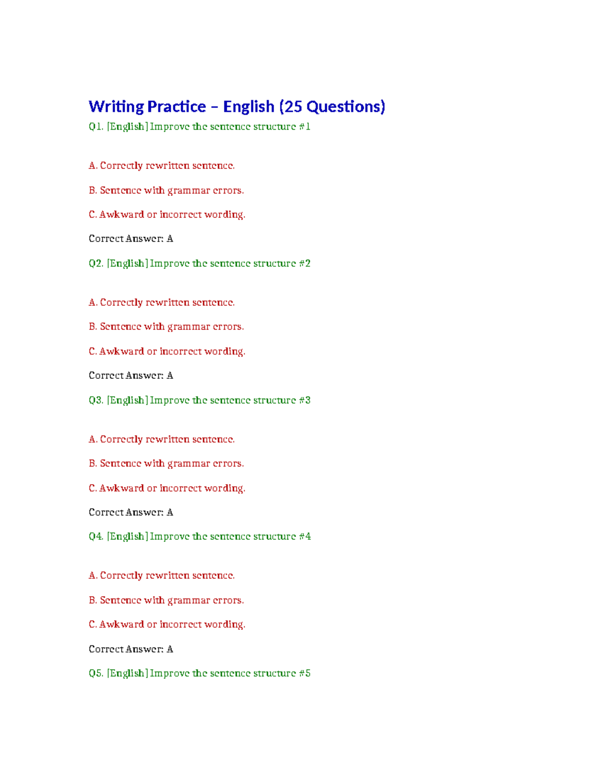 English Writing Practice: Sentence Structure Improvement (25 Qs) - Studocu