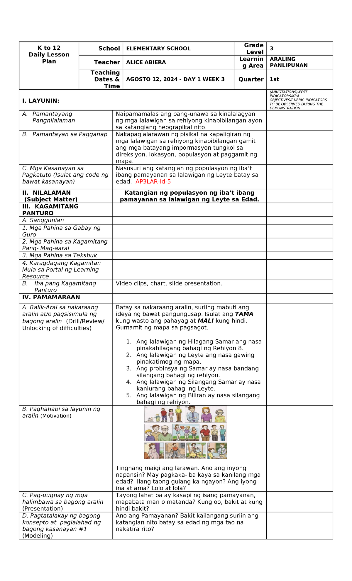 AP3 DLP Q1 WEEK 3 DAY 1 - Lesson Plan on Population Characteristics in Araling Panlipunan 3 ...