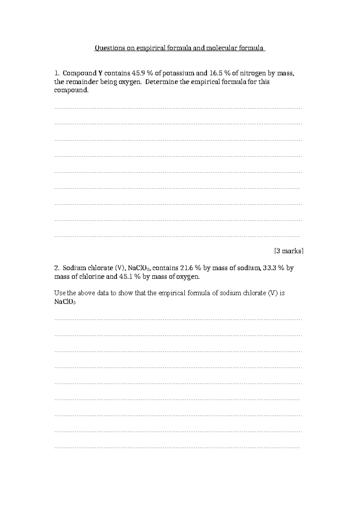 Empirical Formula Homework Sheet: Questions & Calculations - Studocu