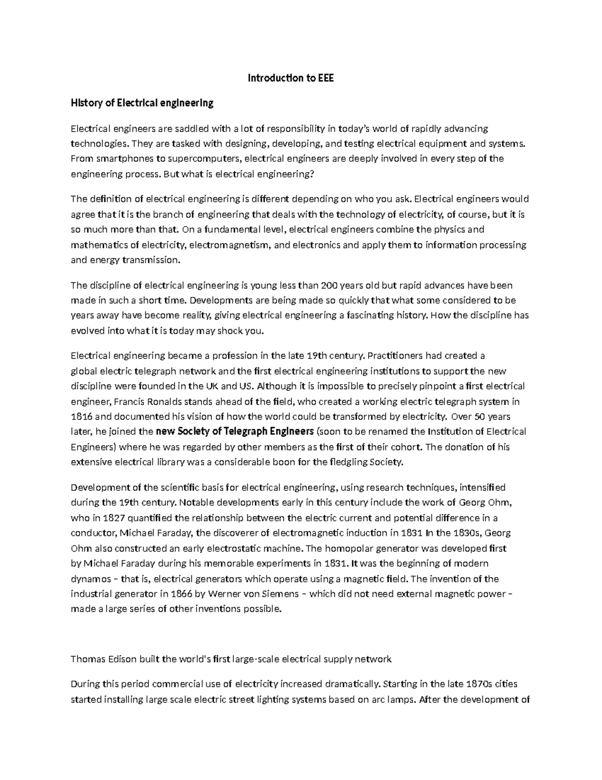 EEE 101: Introduction to the History of Electrical Engineering - Studocu