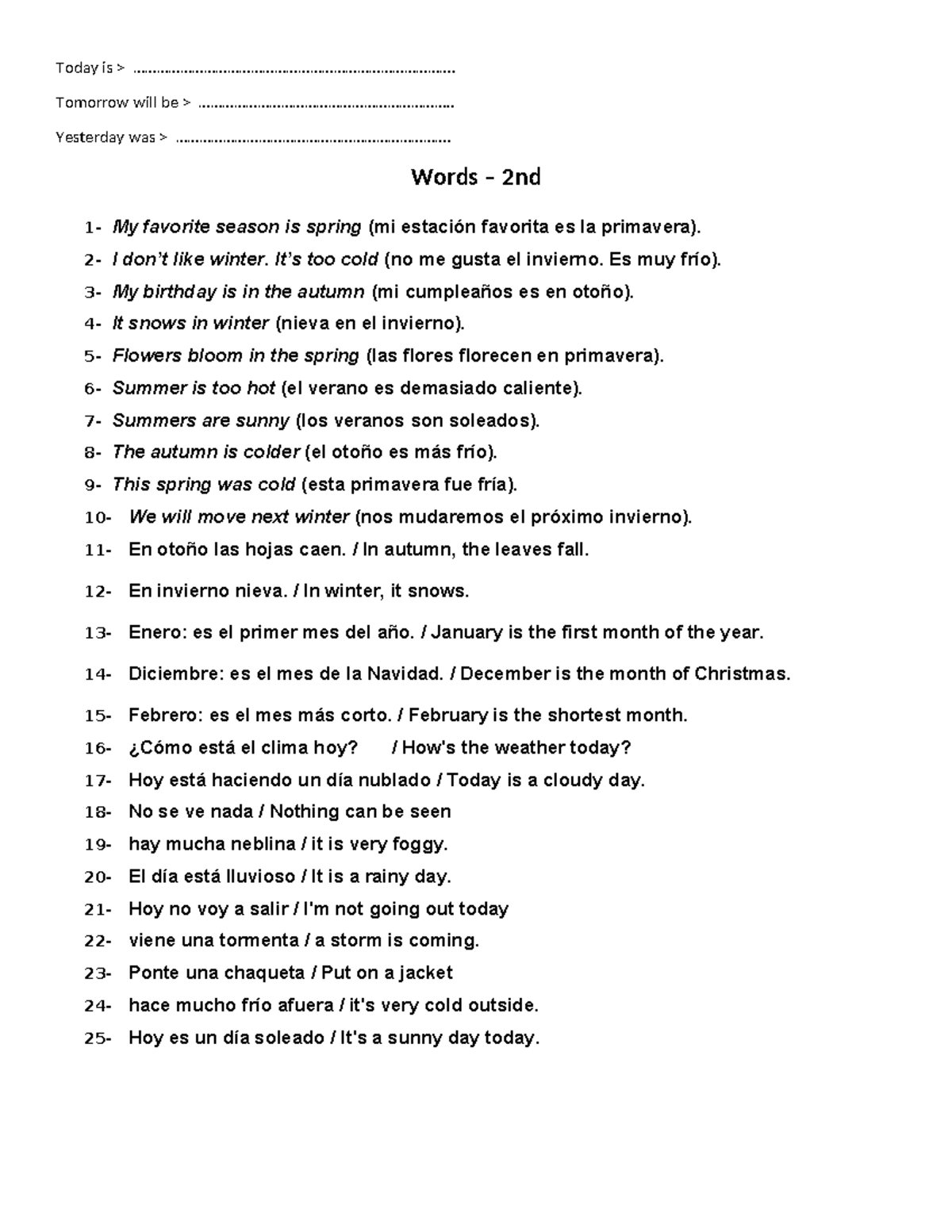 Words 2 - Weather and Emotions Vocabulary for Spanish Class - Studocu