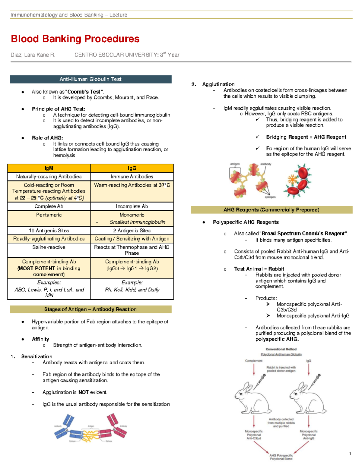 M9 Immunohematology & Blood Banking Procedures Lecture Notes - Studocu