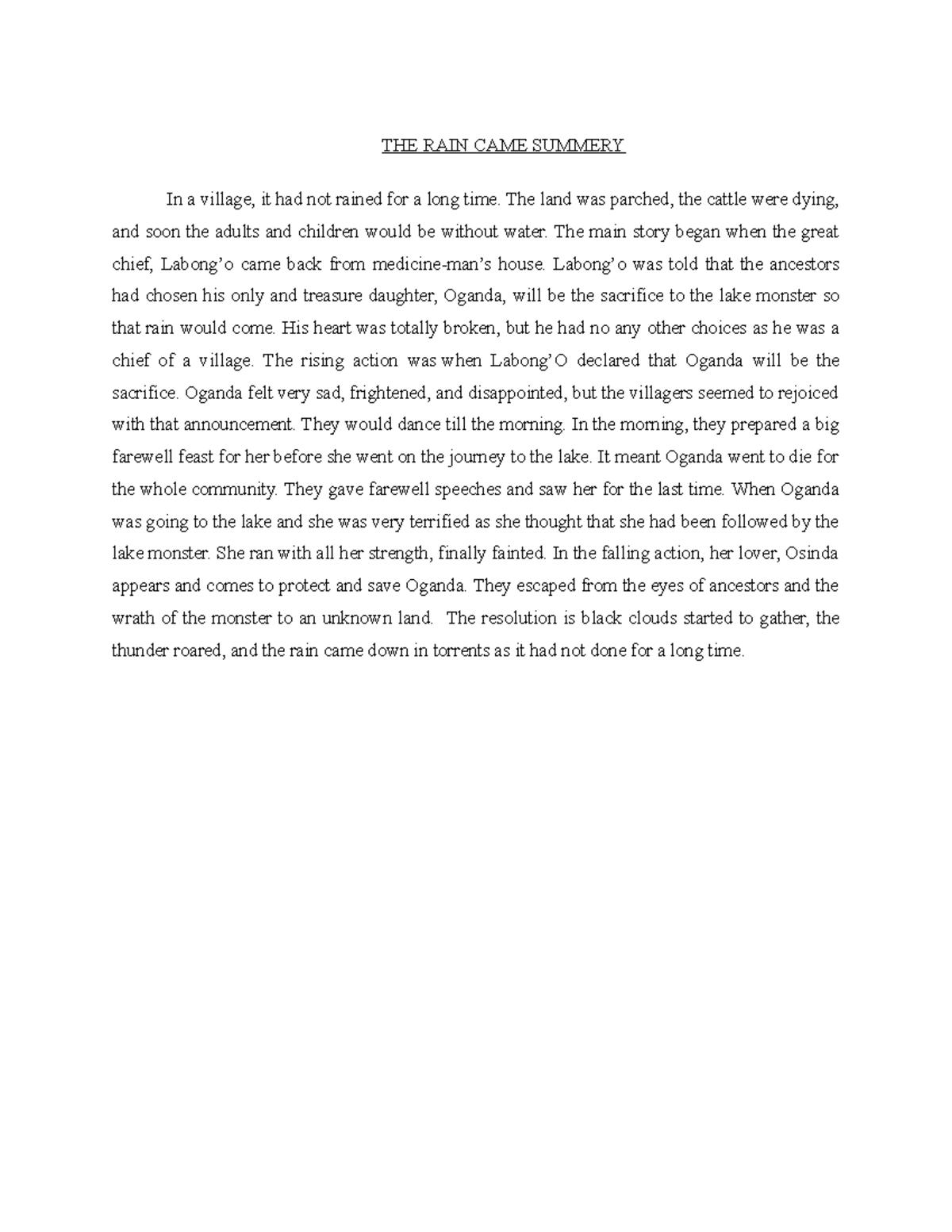 Summary of "The Rain Came": An Analysis of Sacrifice and Hope - Studocu