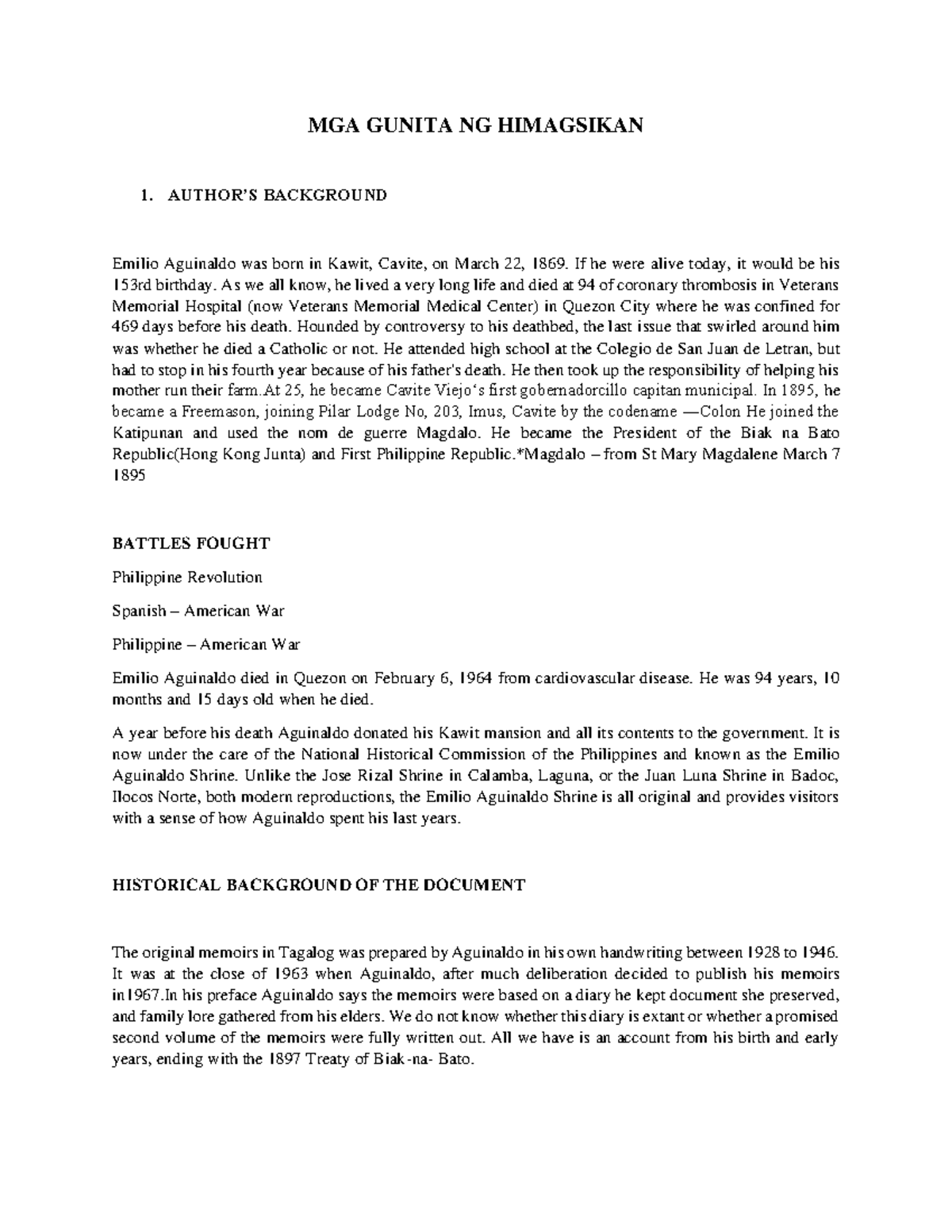 MGA Gunita ng Himagsikan: Isang pagsusuri sa buhay ni Aguinaldo - Studocu