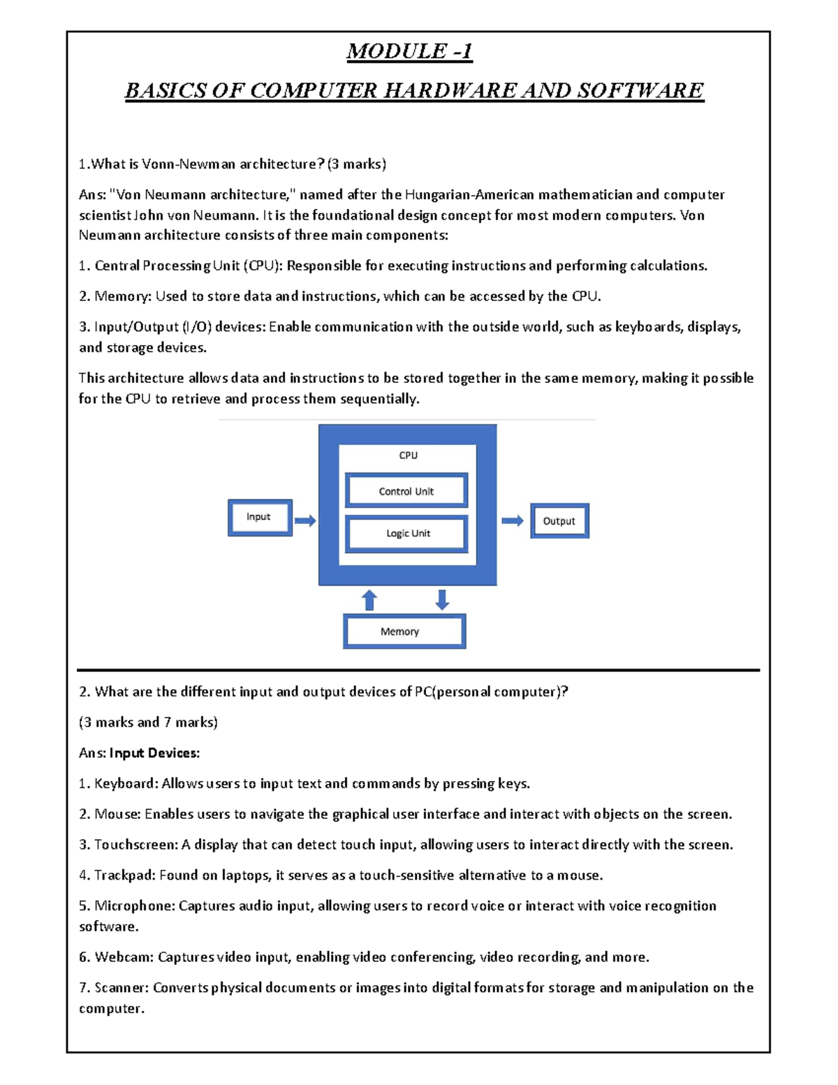 MODULE 1: KEY QUESTIONS ON COMPUTER HARDWARE & SOFTWARE - Studocu