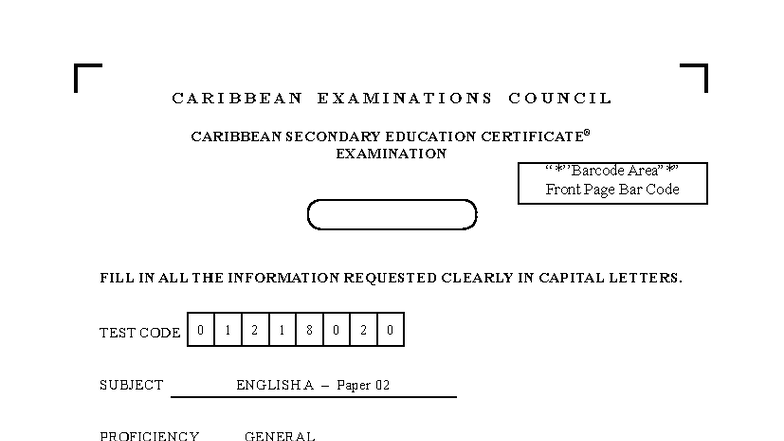 CSEC English A E Marking Specimen 2013 P2 - ‘‘’’Barcode Area ...