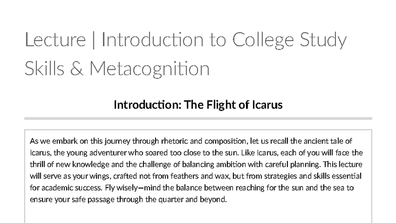 Lecture: Introduction to College Study Skills & Metacognition ENGL&101 - Studocu