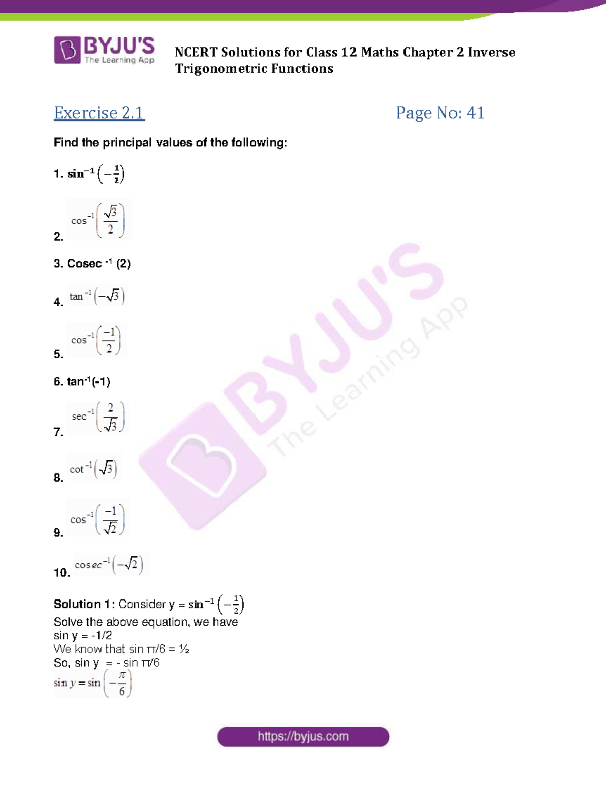 NCERT Solutions for Class 12 Maths: Chapter 2 Inverse Trigonometric Functions - Studocu