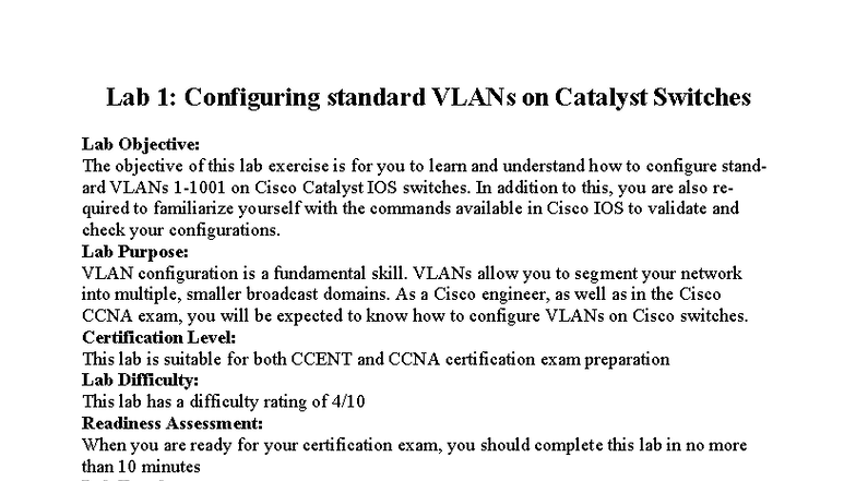 Lab 1: Configuring Standard VLANs on Cisco Catalyst Switches - Studocu