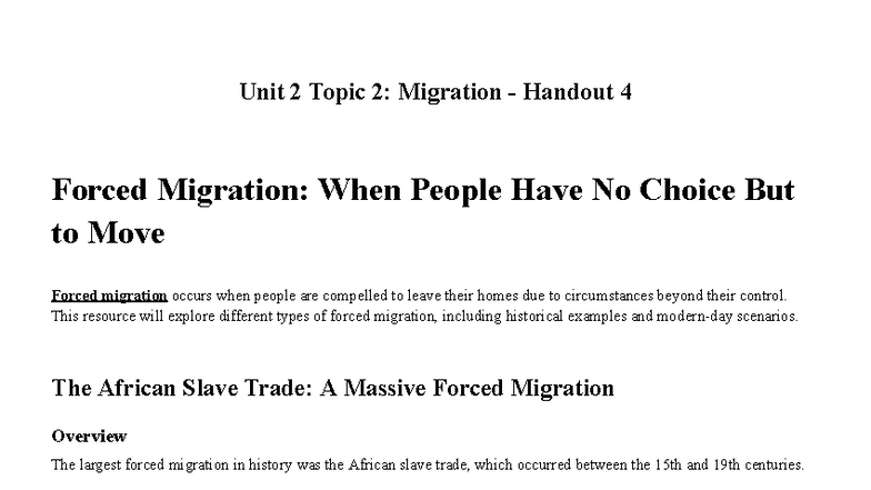 Unit 2 Topic 2: Migration - Handout 4 on Forced Migration - Studocu