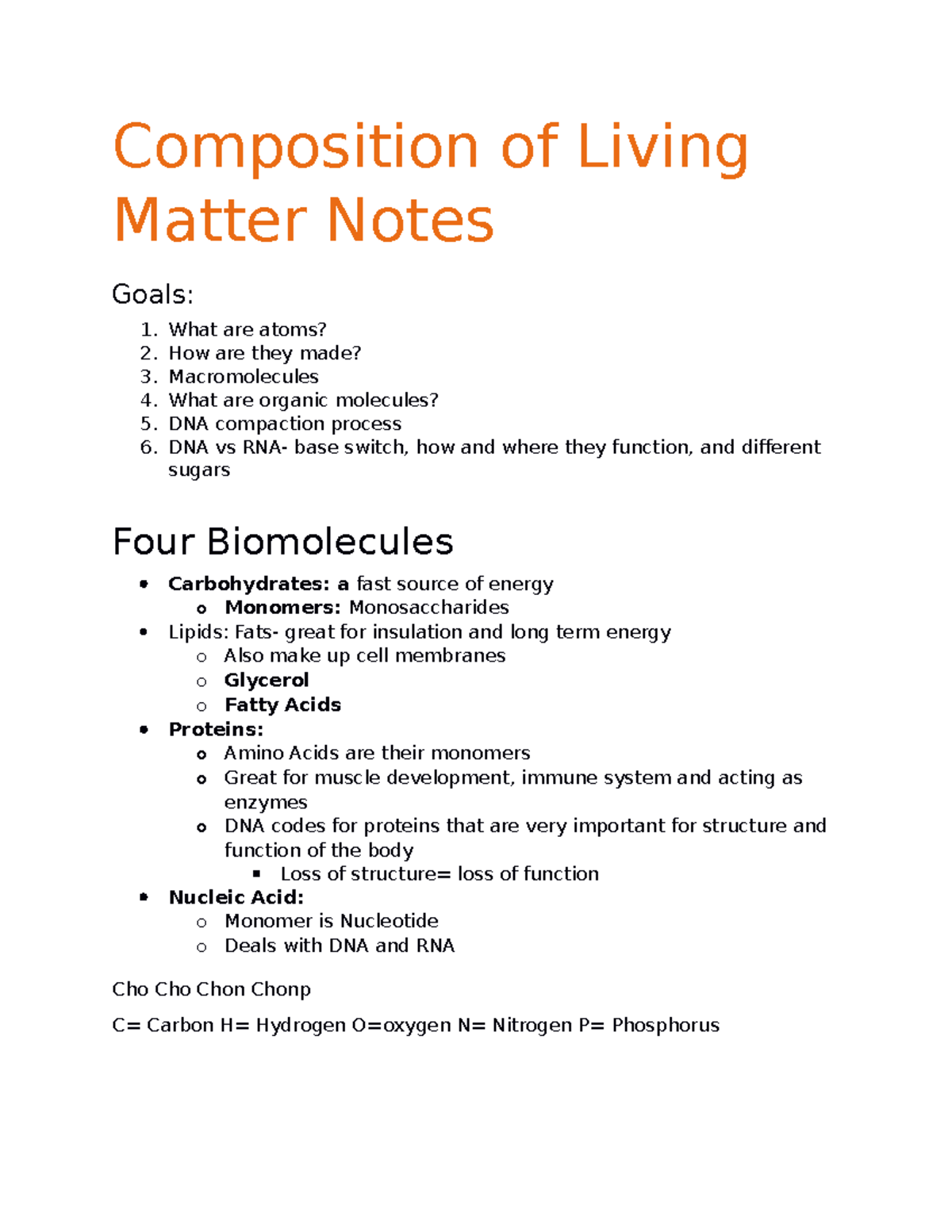 2. Composition of Living Matter: Key Concepts and Notes - Studocu