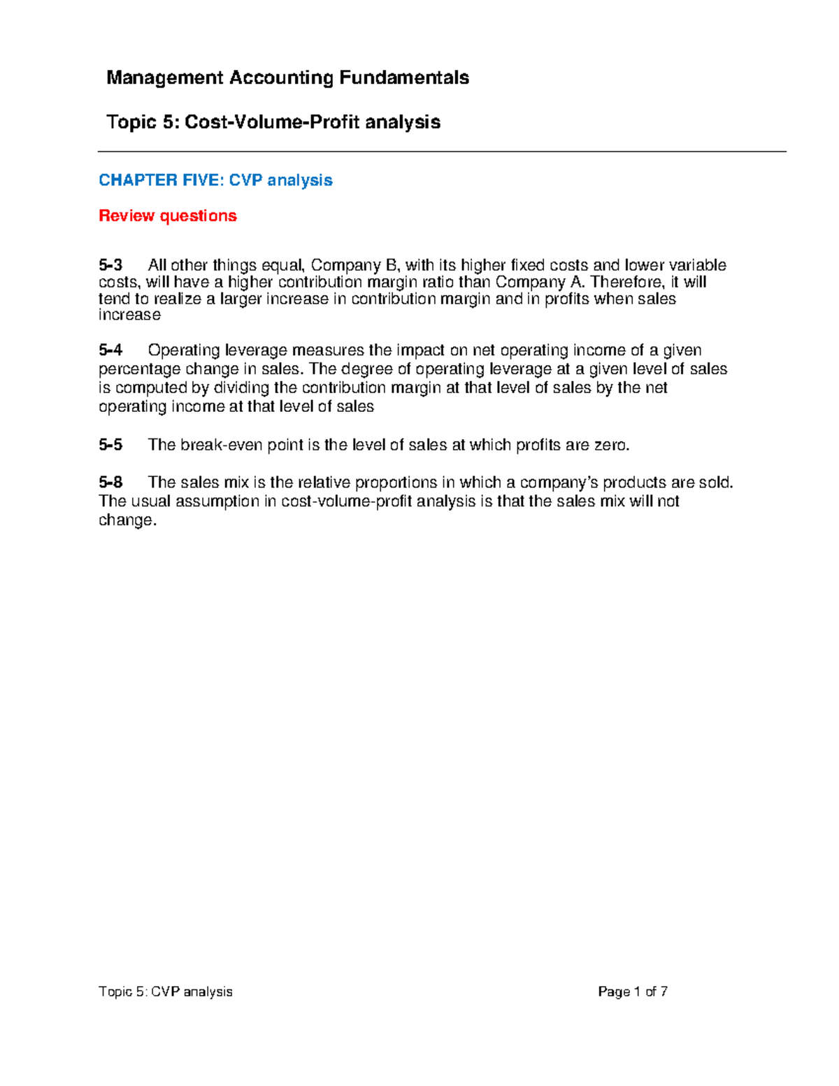 Topic 5 Cost-Volume-Profit analysis Tutorial - CHAPTER FIVE: CVP ...