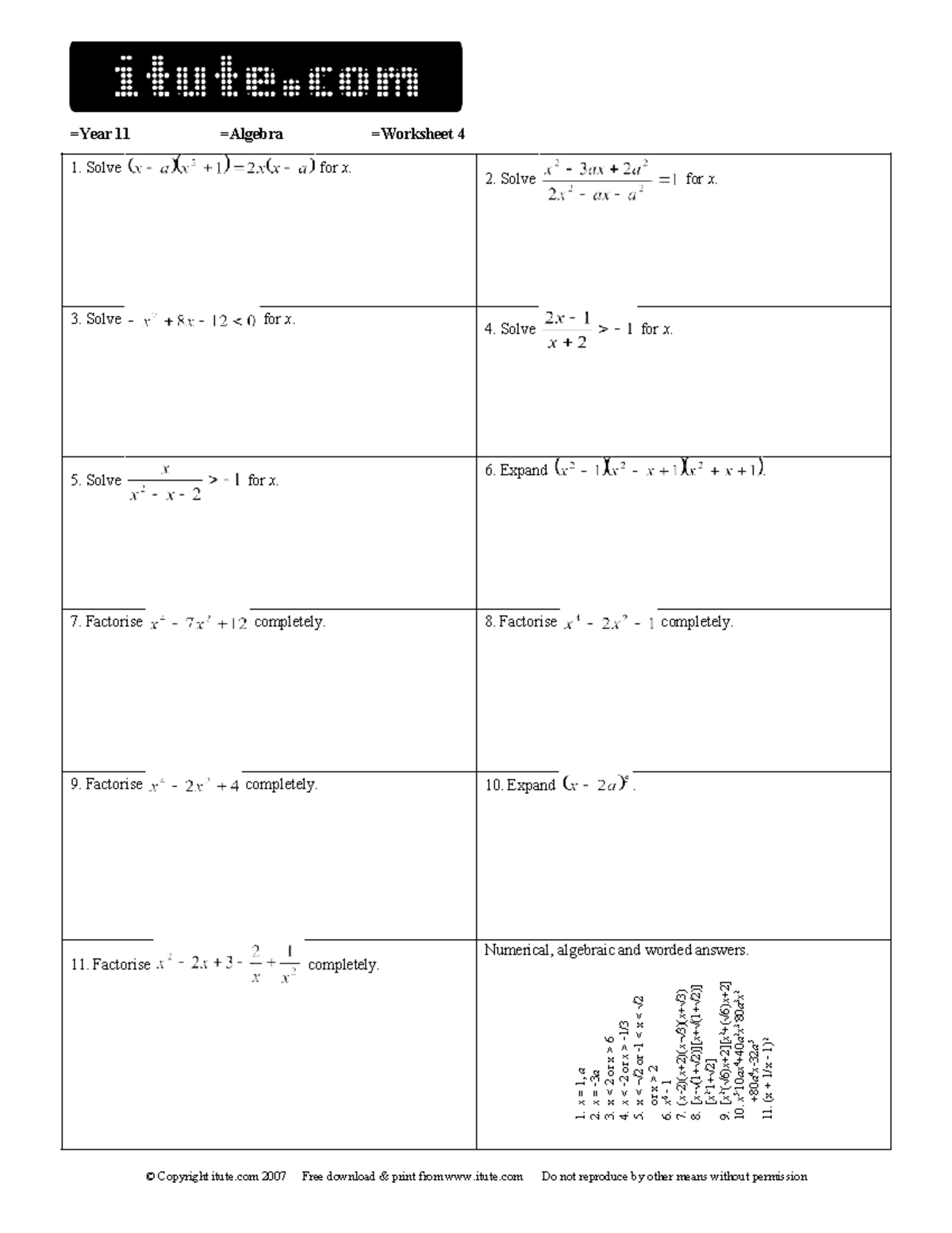 Algebra Worksheet 11 - Solve, Expand & Factorise (Maths) - Studocu