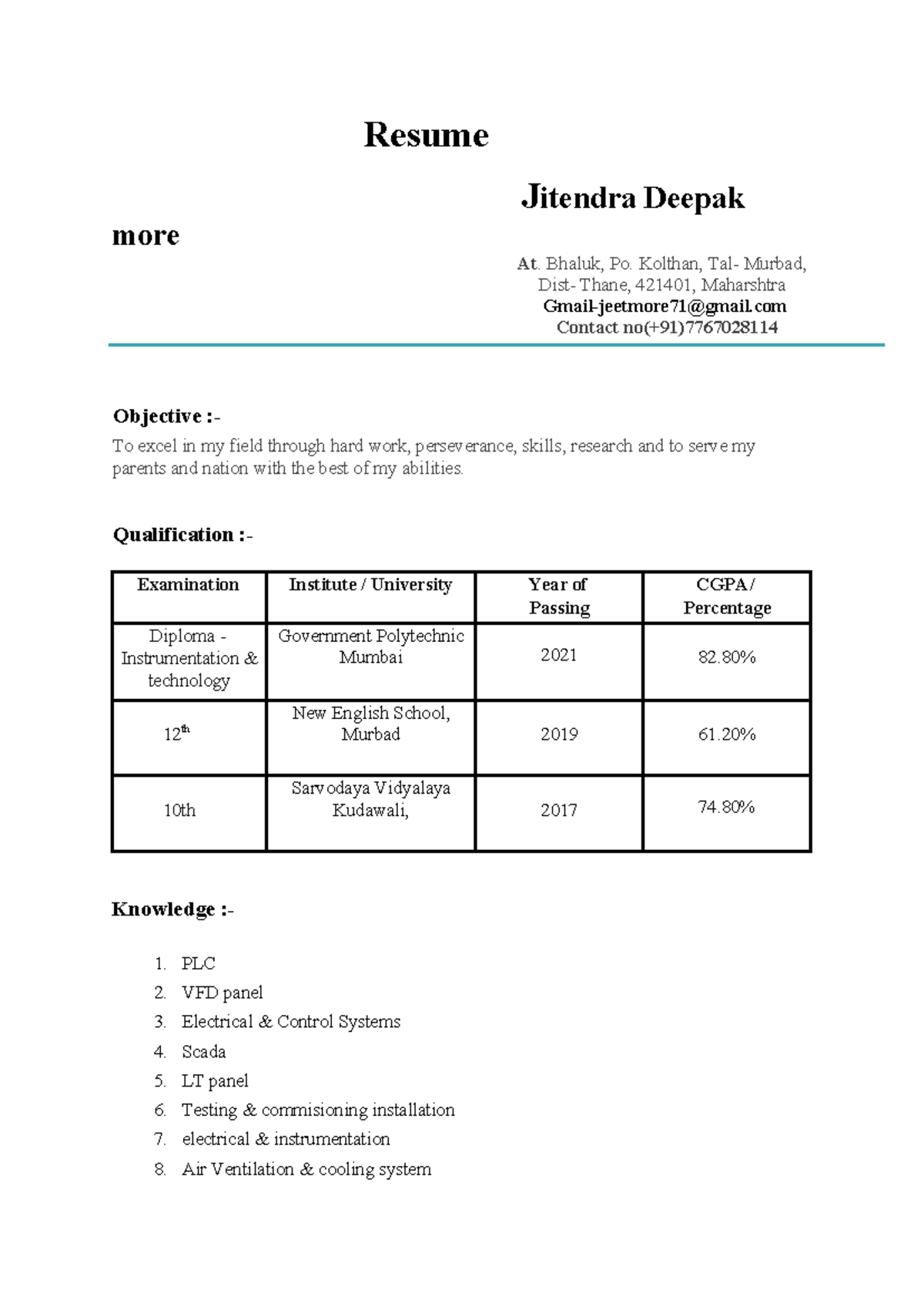 Cv.jitendra more - Resume Jitendra Deepak more At. Bhaluk, Po. Kolthan ...