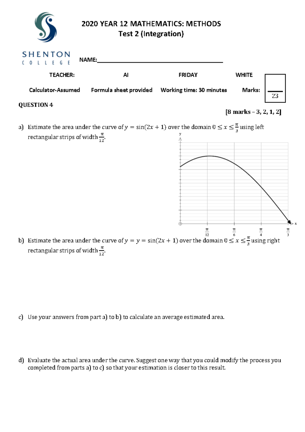 2020 YEAR 12 MATHEMATICS: METHODS Test 2 (Integration) Notes - Studocu