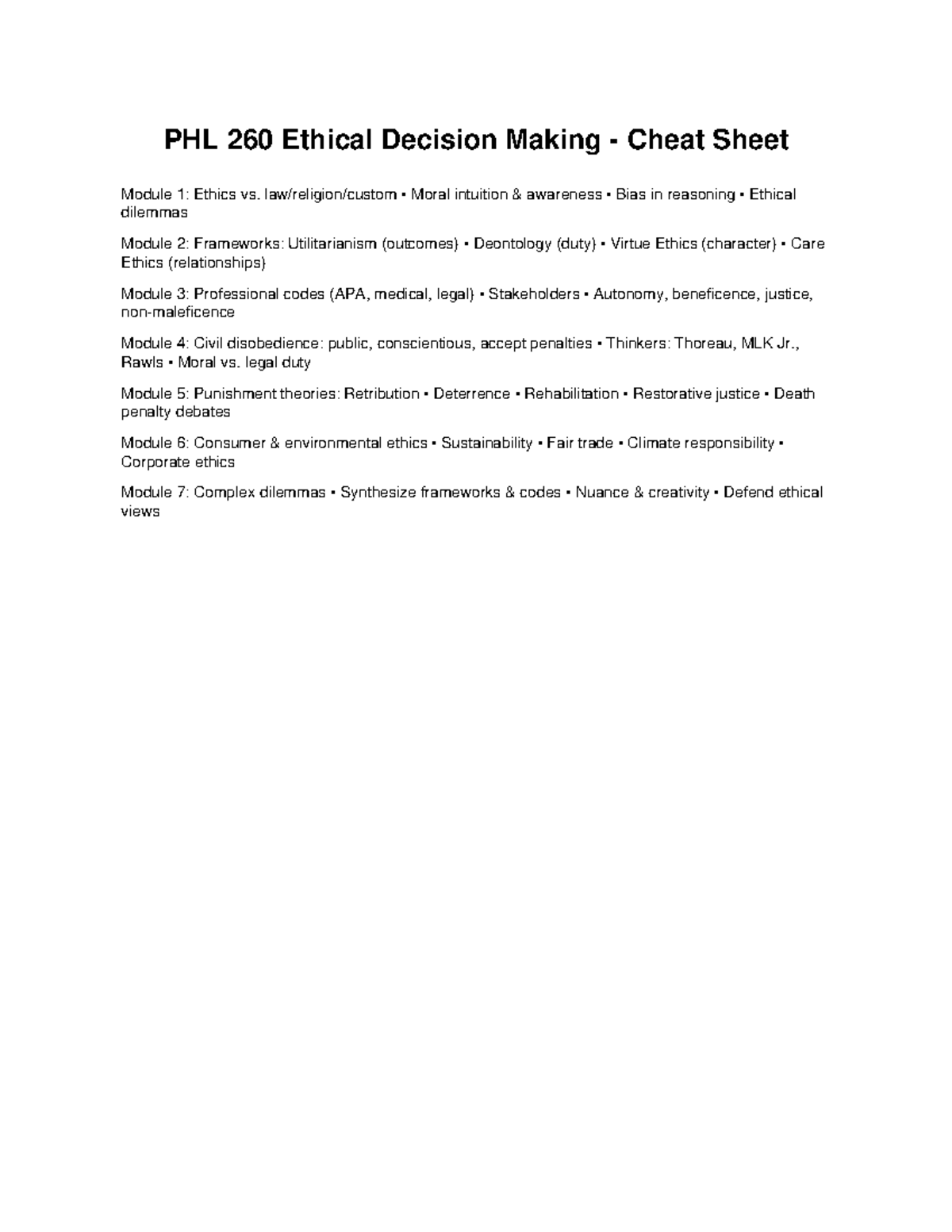 PHL260 Cheat Sheet - NotesP - PHL 260 Ethical Decision Making - Cheat ...