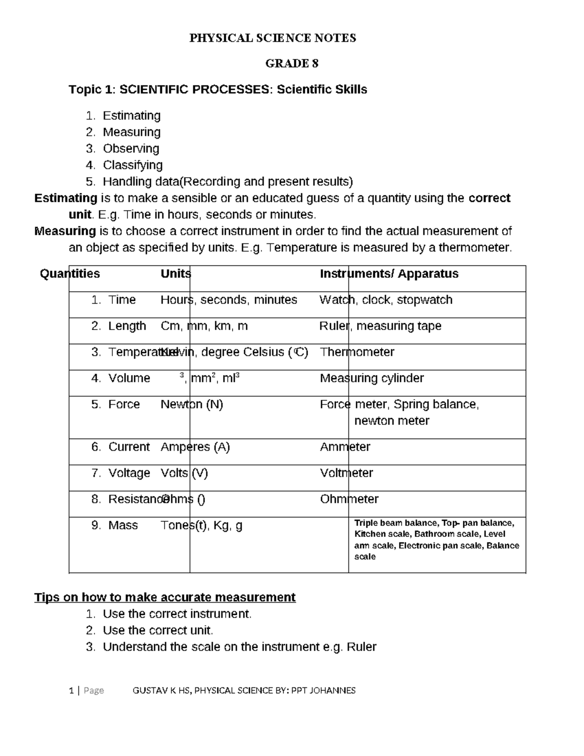 Grade 8 Physical Science Notes: Scientific Processes & Matter - Studocu