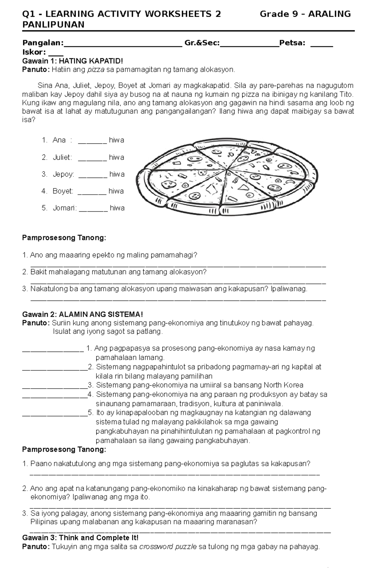 G9 AP LAW 2 - Q1 Activity: Hating Kapatid at Sistemang Ekonomiya - Studocu