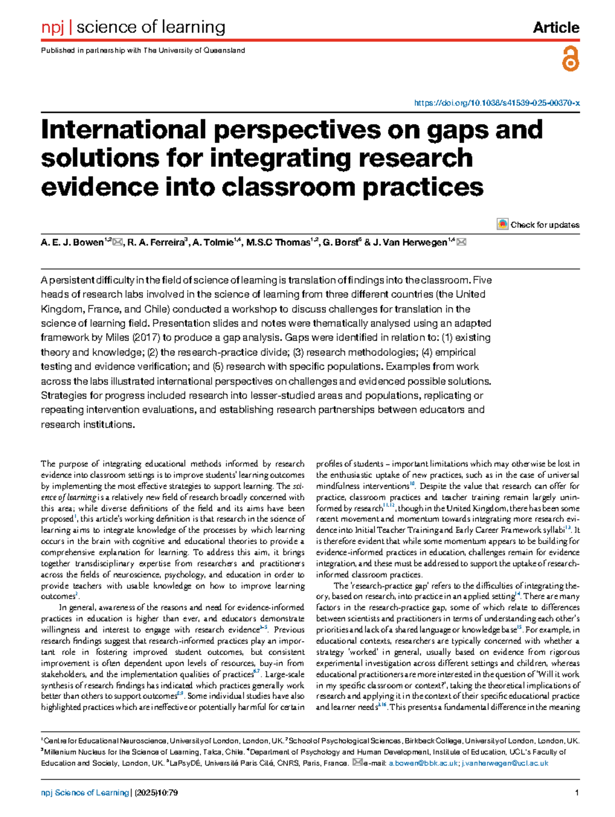 International Perspectives on Research Gaps in Classroom Practices (NPJ ...