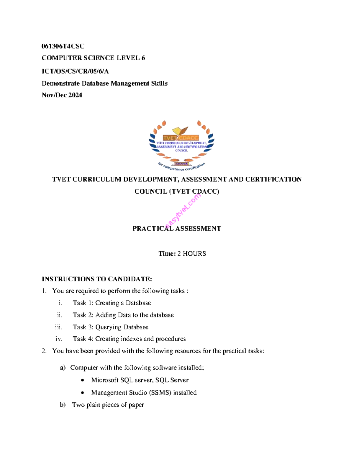 061306T4CSC Computer Science Level 6: Database Management Practical ...