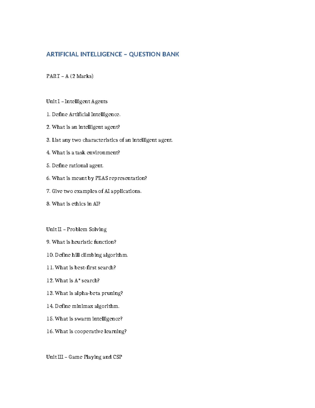 AI Question Bank Part A & C: Intelligent Agents & Planning - Studocu