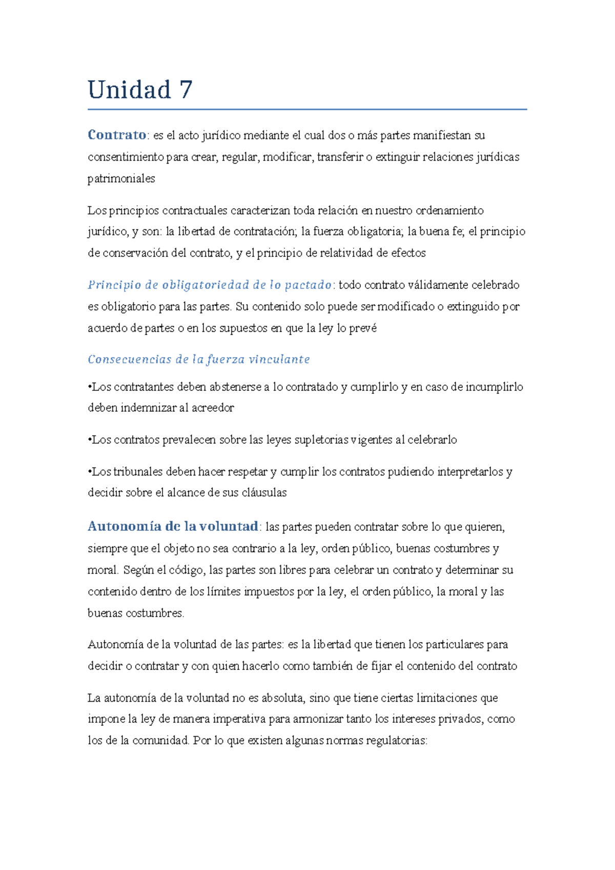 Derecho Civil: Unidad 7 - Contratos y Principios Contractuales - Studocu