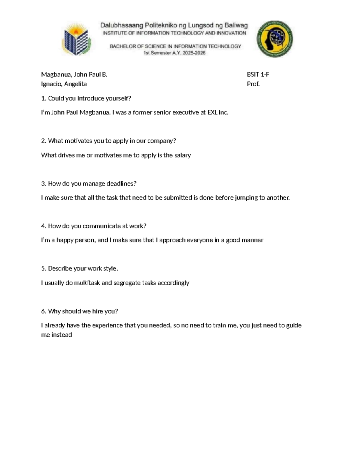 BSIT Interview Preparation: Self-Introduction & Work Style Insights ...