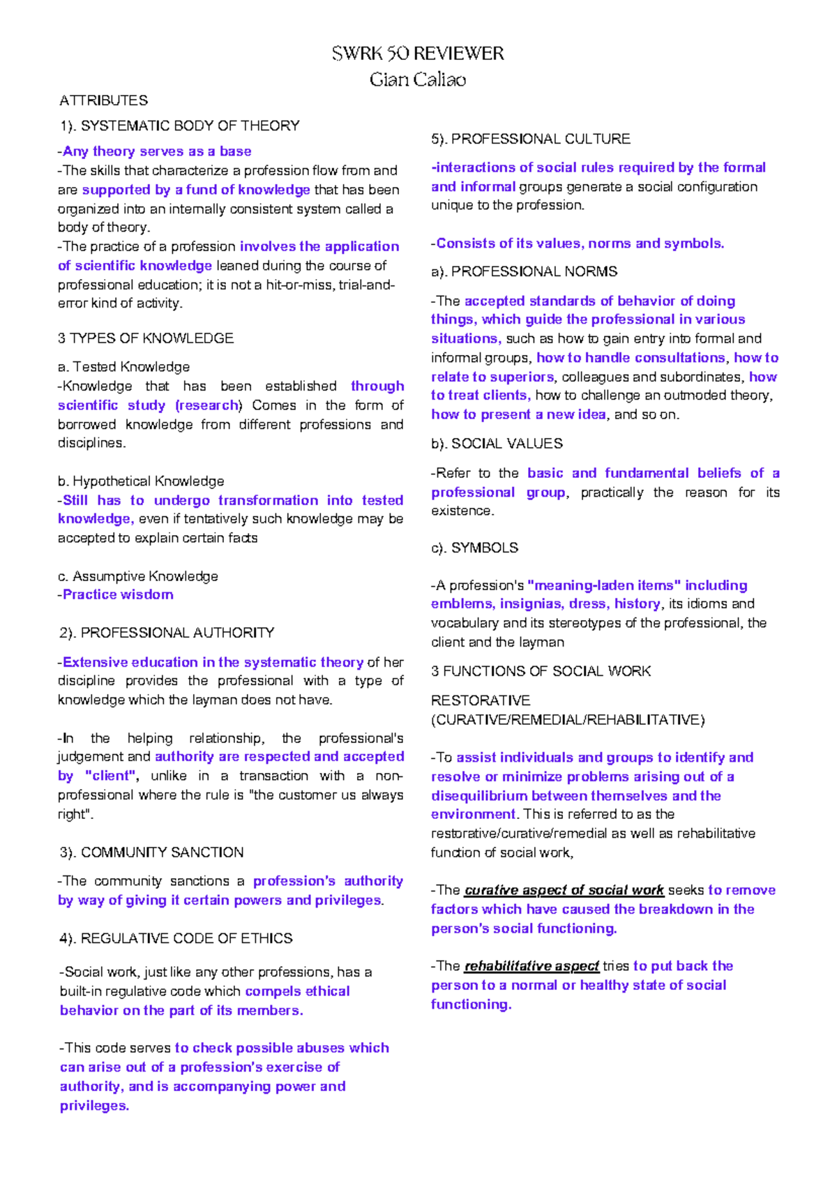 SWRK 50 Reviewer: Key Concepts in Social Work Theory and Practice - Studocu