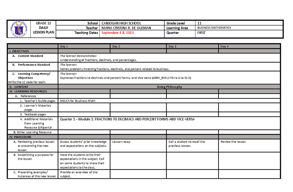 Business MATH Grade 11 - Week 1 Daily Lesson Plan (DLL) - Studocu