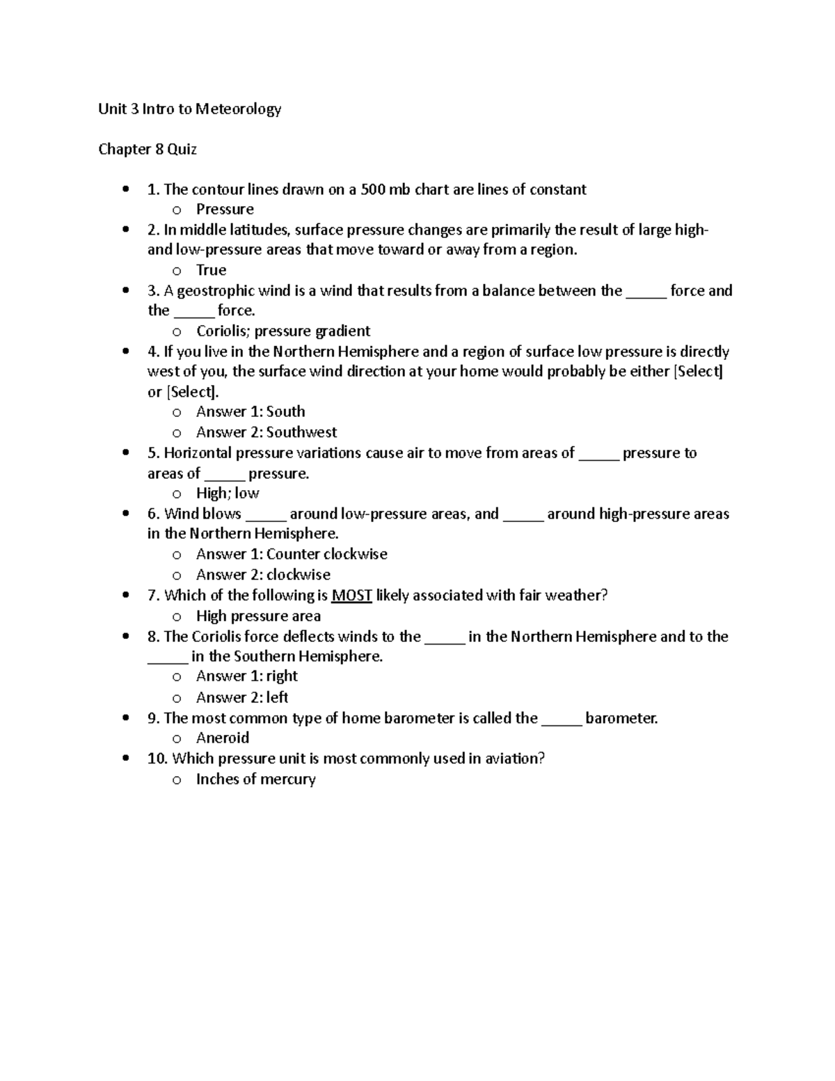 Chapter 8 Quiz - Unit 3 Introduction to Meteorology - Studocu