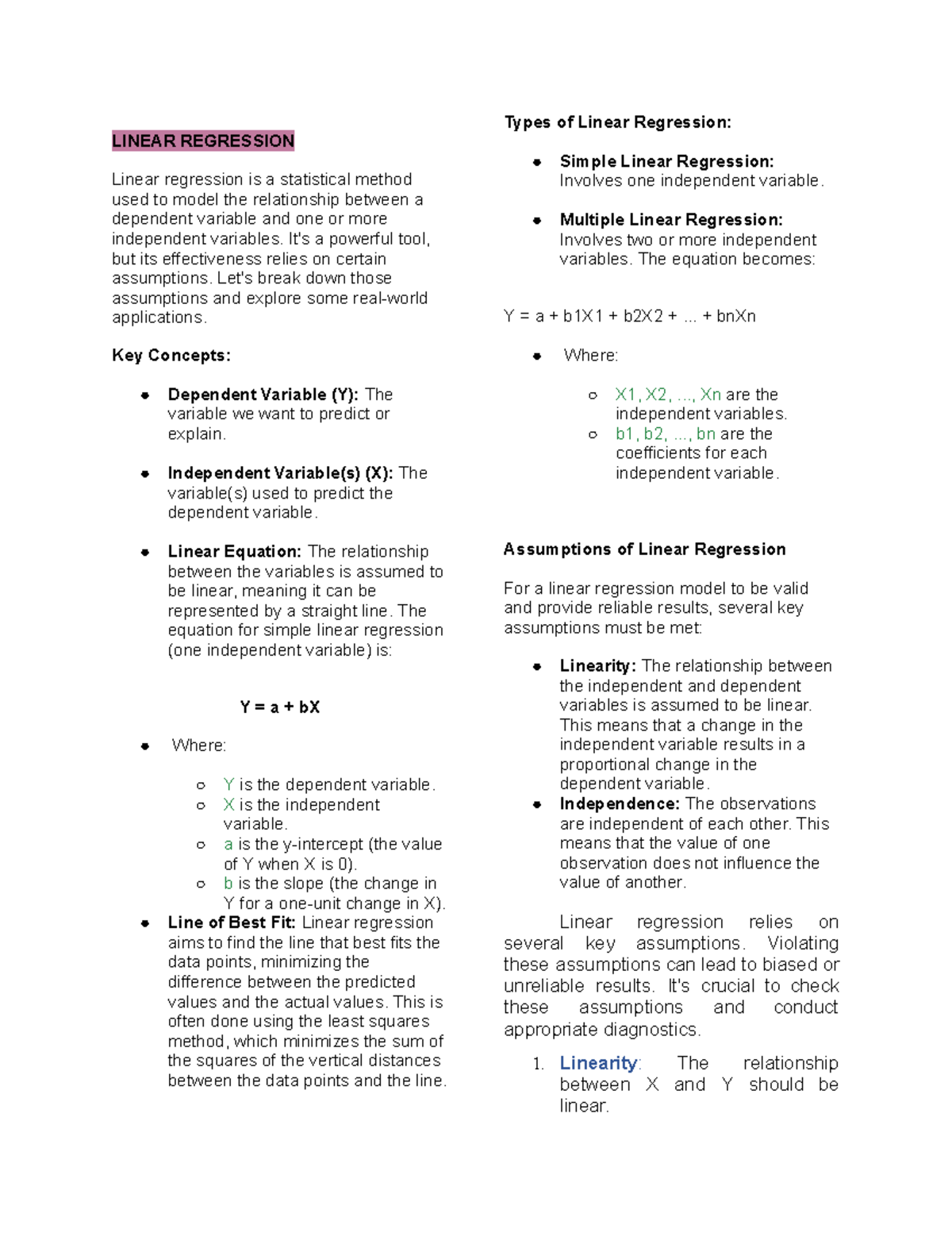 Stats 101: Linear Regression & Key Assumptions Review - Studocu