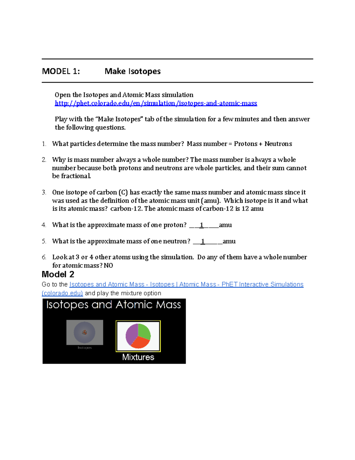 Copy of Mixture of isotopes and atomic mass - MODEL 1: Make Isotopes ...