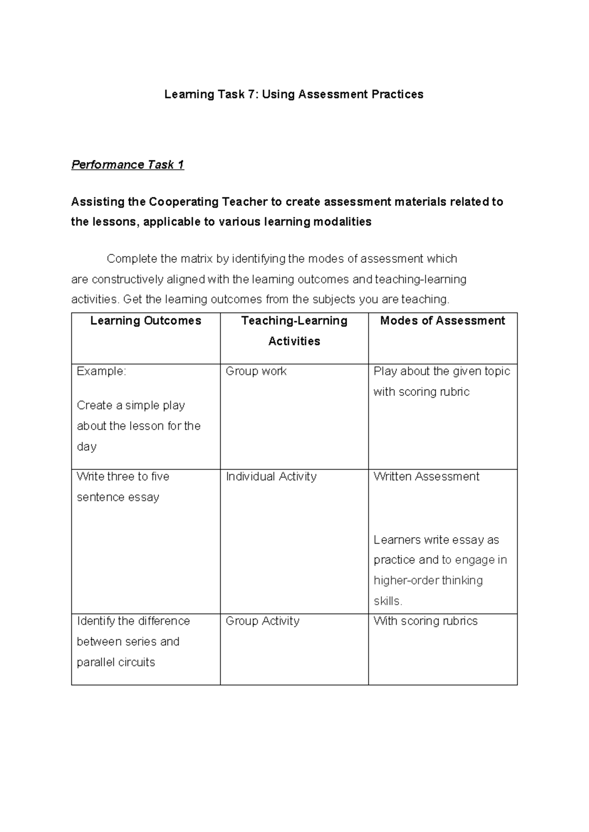 Learning Task 7: Assessment Practices & Scoring Rubric Design - Studocu