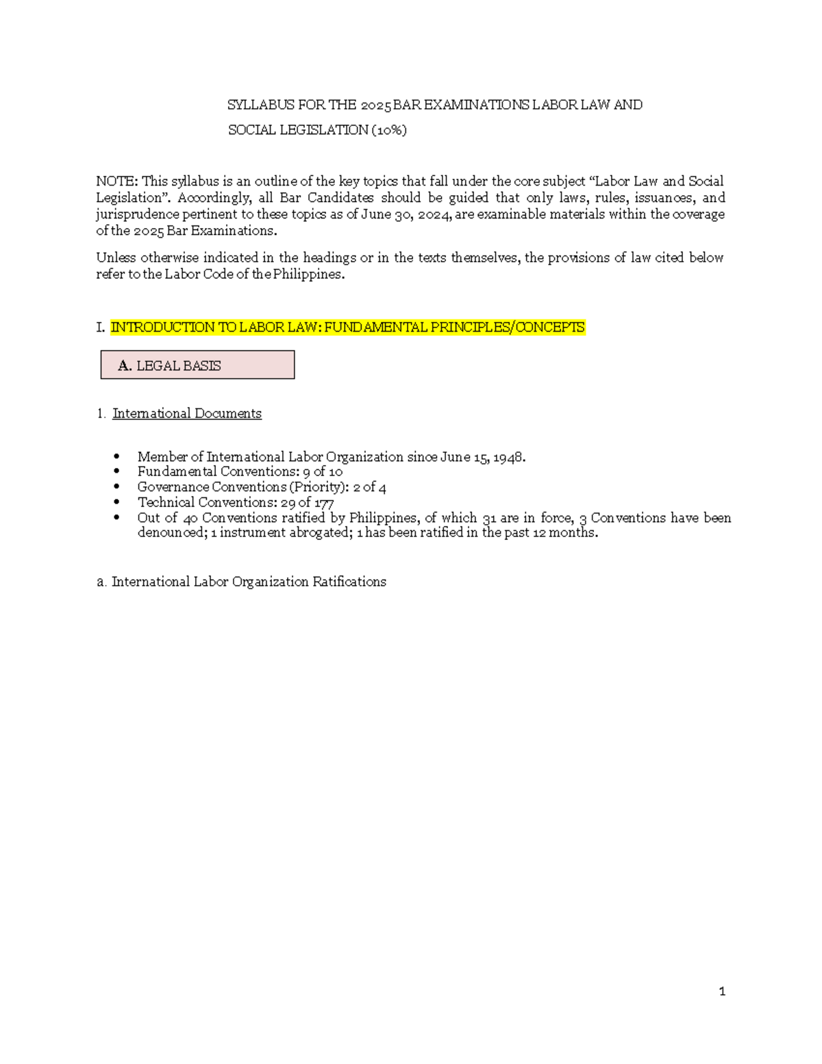 2025 Bar Exam Syllabus: Labor Law & Social Legislation Overview - Studocu